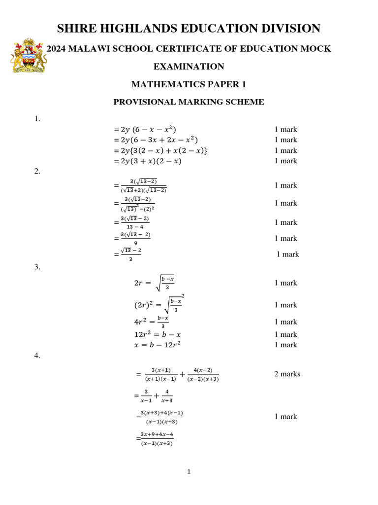 2024 Shed Mock Mathematics Paper 1 Marking Scheme | PDF | Mathematical ...