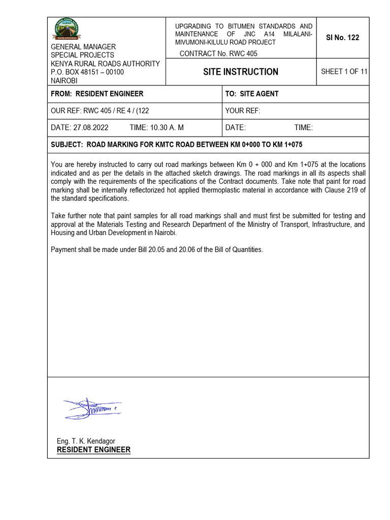 Site Instruction No.122 KMTC Link Road Marking | PDF | Road | Traffic