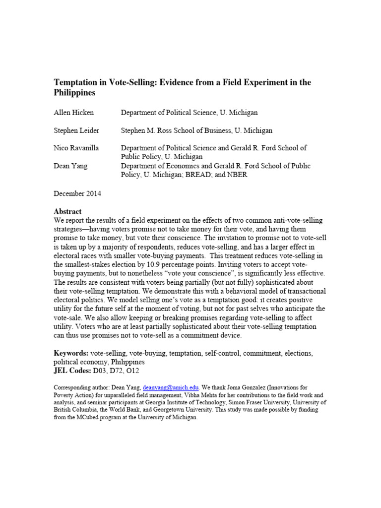 Temptation in Vote-Selling Field Experiment | PDF | Electoral Fraud ...