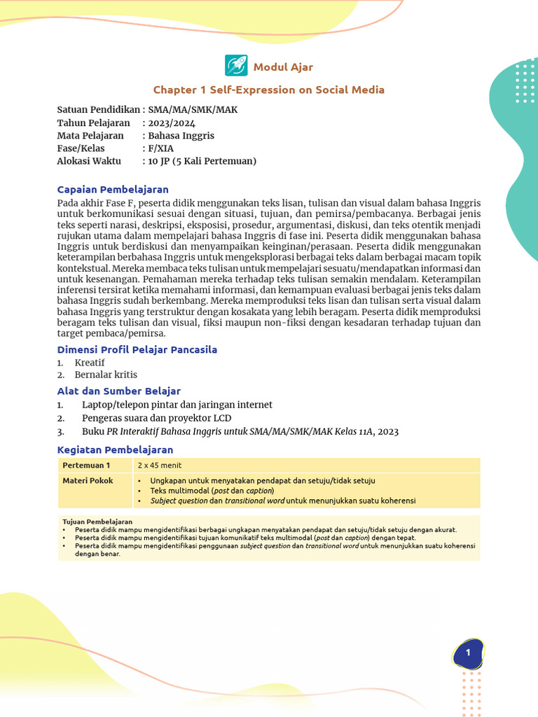 Modul Ajar PR Bahasa Inggris 11A 2023-2024 Chapter 1 | PDF | Karier & Perkembangan