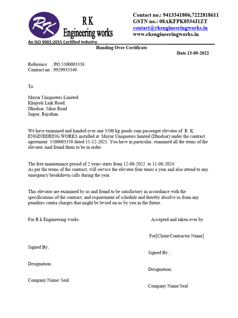Elevator Handover Certificate - ISO 9001:2015 | PDF | Business ...