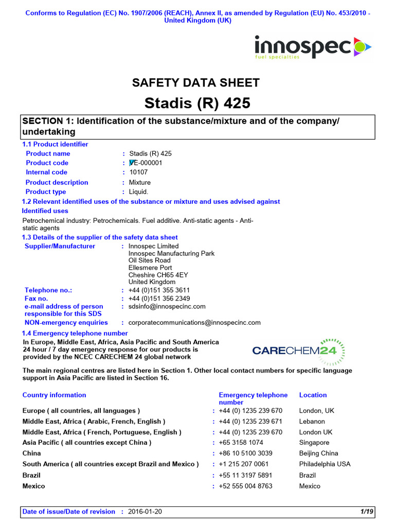 MSDS-Stadis (R) 425 | PDF | Personal Protective Equipment | Firefighter