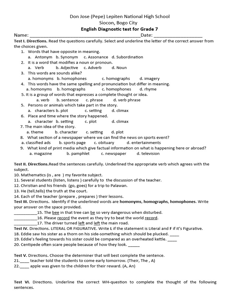 English Diagnostic Test For Grade 7 | PDF | Verb | English Language