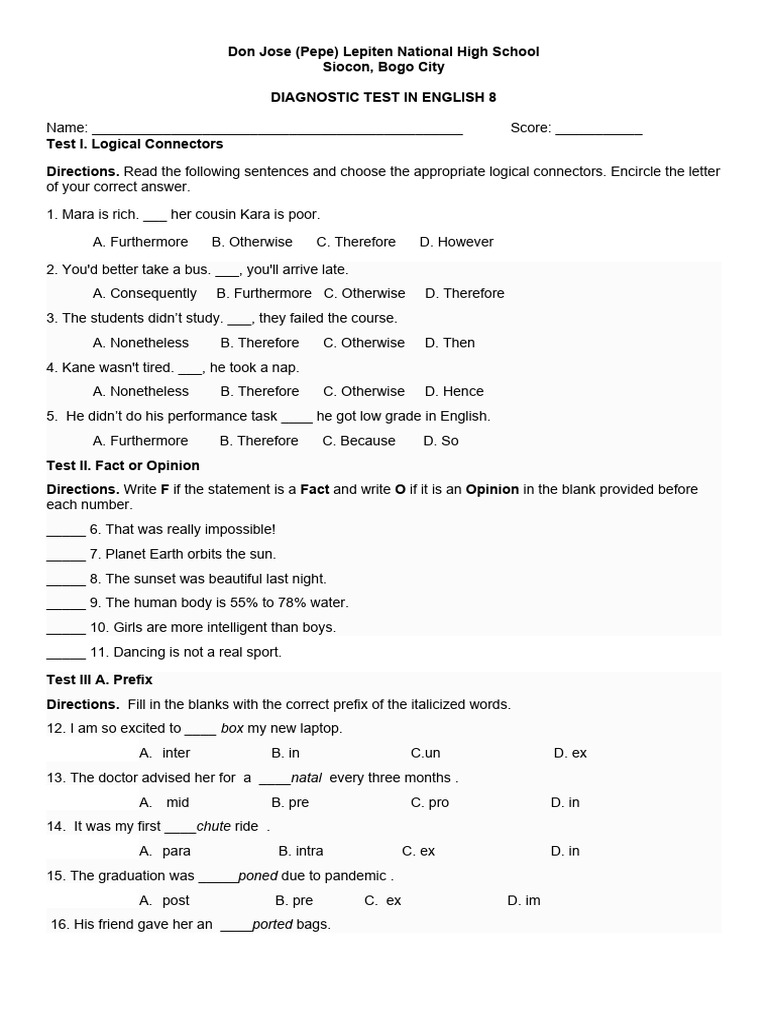 Diagnostic Test English 8 | PDF | Stress (Linguistics) | Word