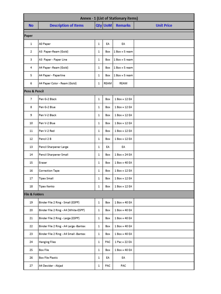 Comprehensive Stationery Item List | PDF | Stationery | Office Equipment