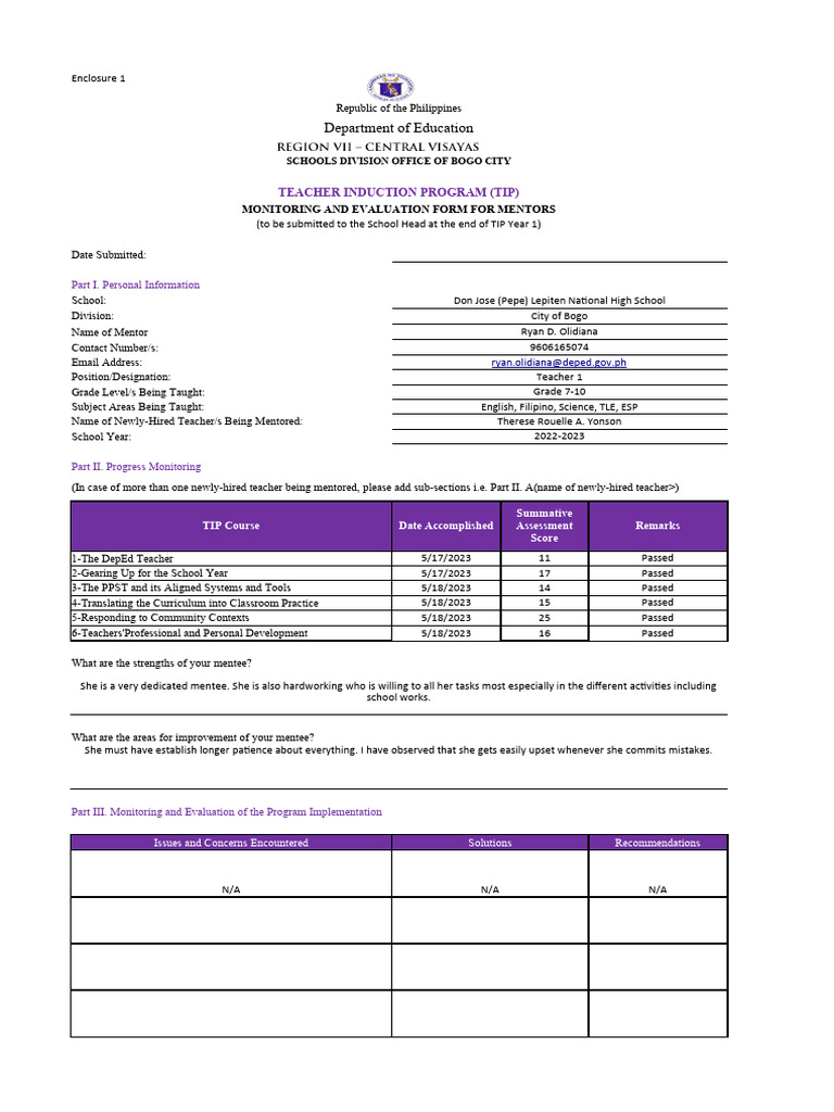TIP M and E Report Format | PDF | Mentorship | Teachers