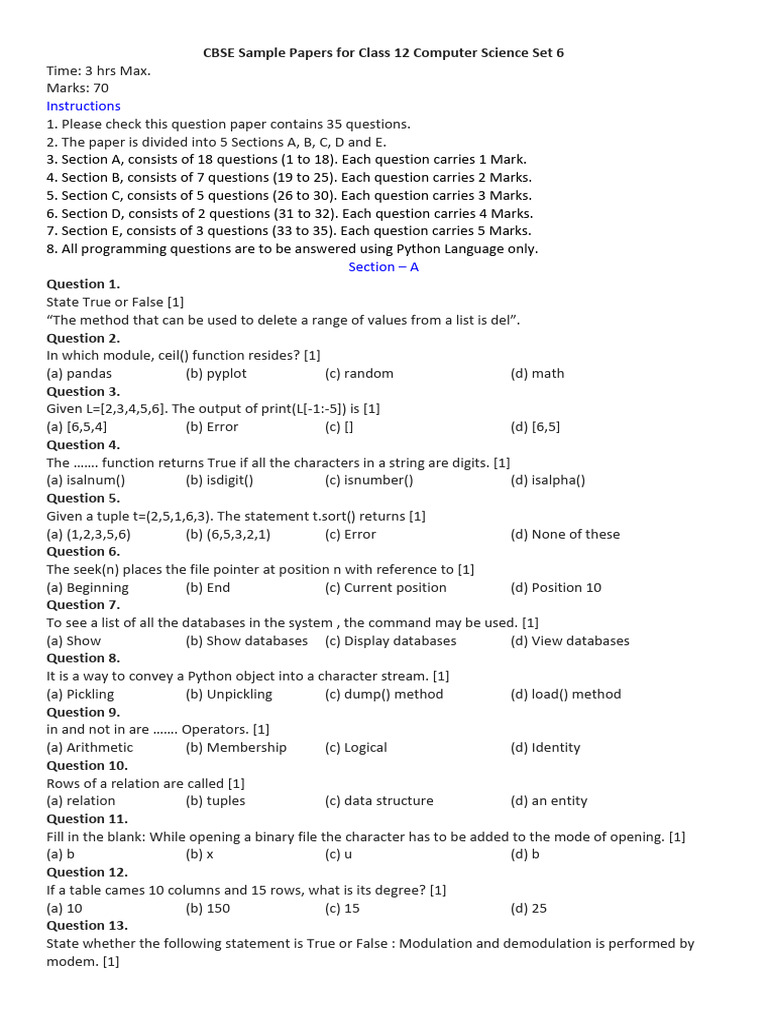 CBSE Sample Papers For Class 12 Computer Science Set 6 With Solutions ...