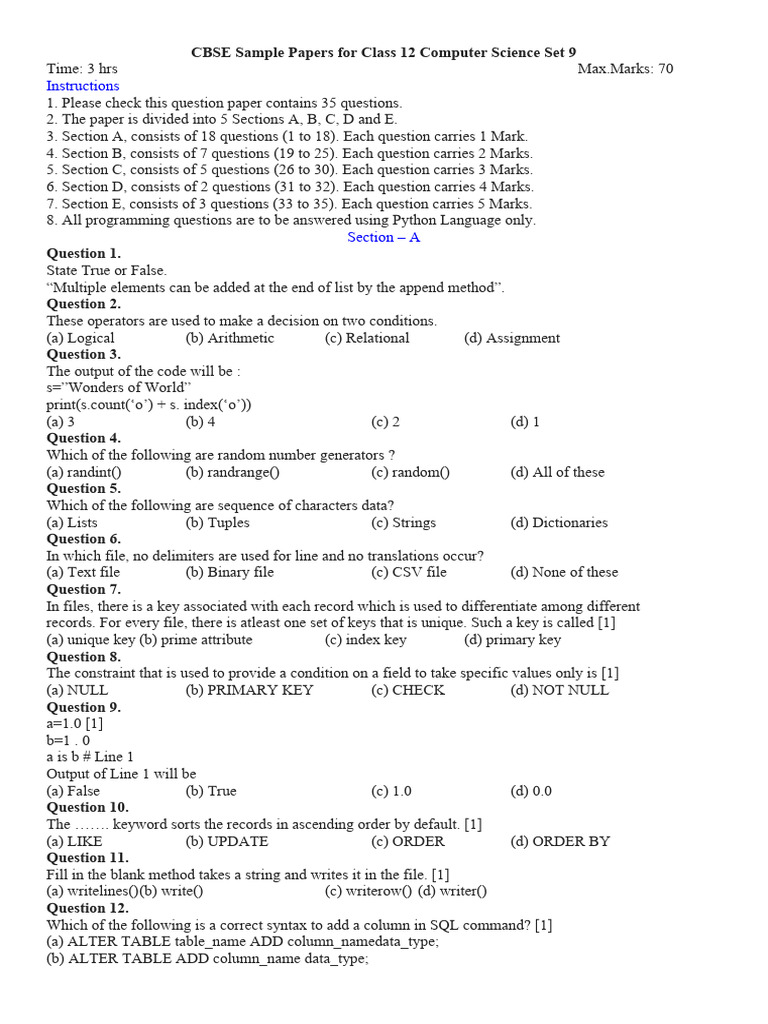 CBSE Sample Papers For Class 12 Computer Science Set 9 With Solutions ...