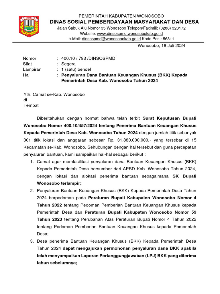 Penyaluran BKK untuk Desa Wonosobo 2024 | PDF | Griya & Taman