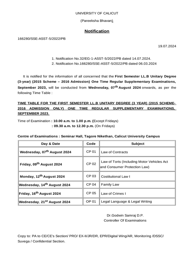 LL.B Supplementary Exam Schedule 2024 | PDF