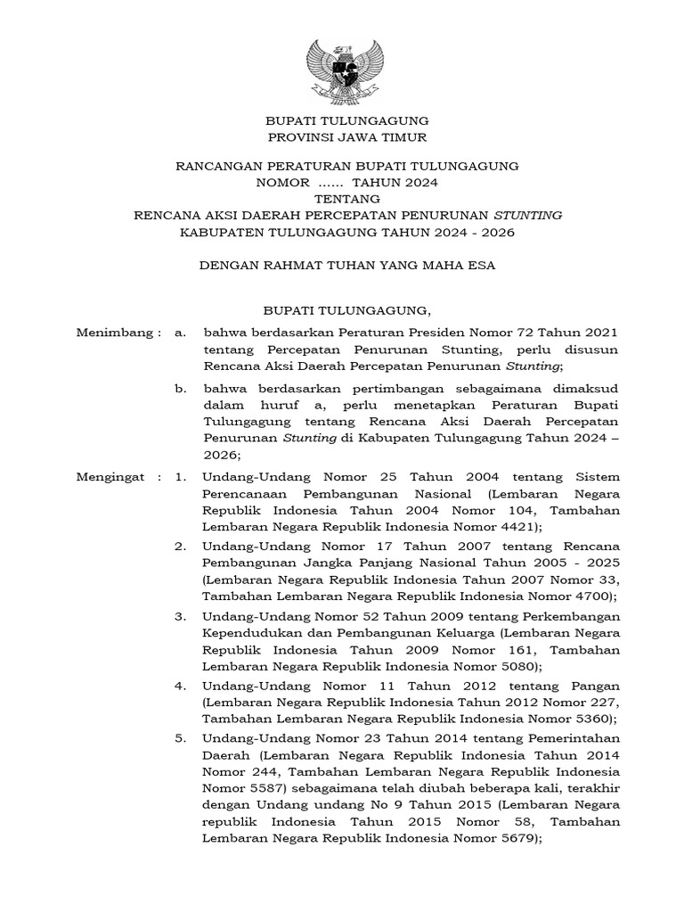 Draf PERBUP RAD Stunting 2024 Tulungagung | PDF | Ilmu Sosial