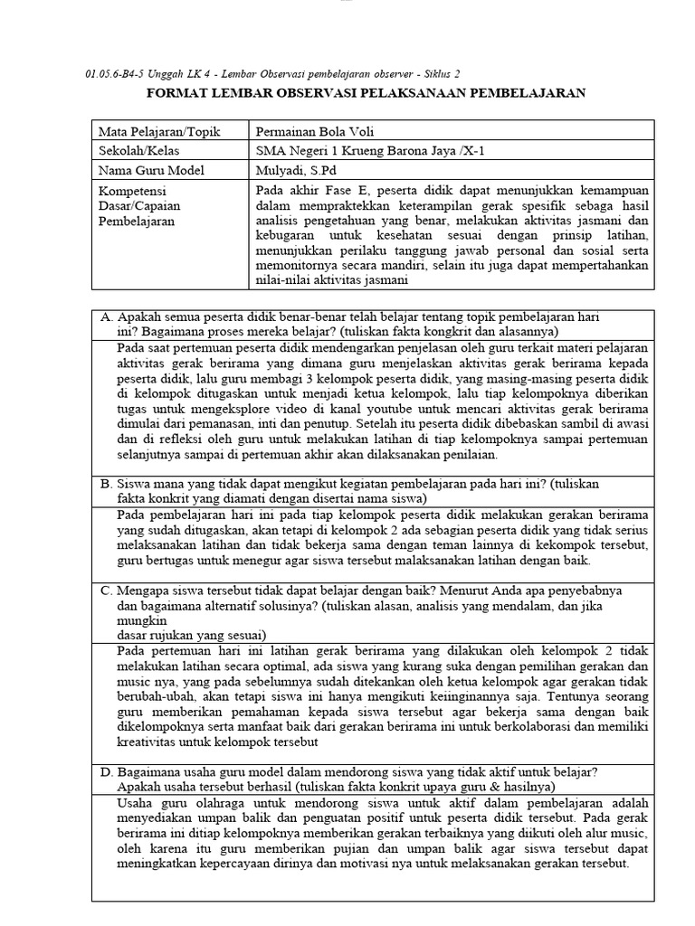LK 4 - Lembar Observasi Pembelajaran Observer - Siklus 2 | PDF | Pengembangan Diri