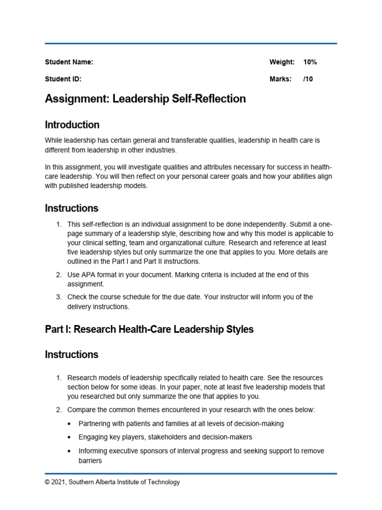 Assignment Leadership Self-Reflection | PDF | Leadership | Health Care