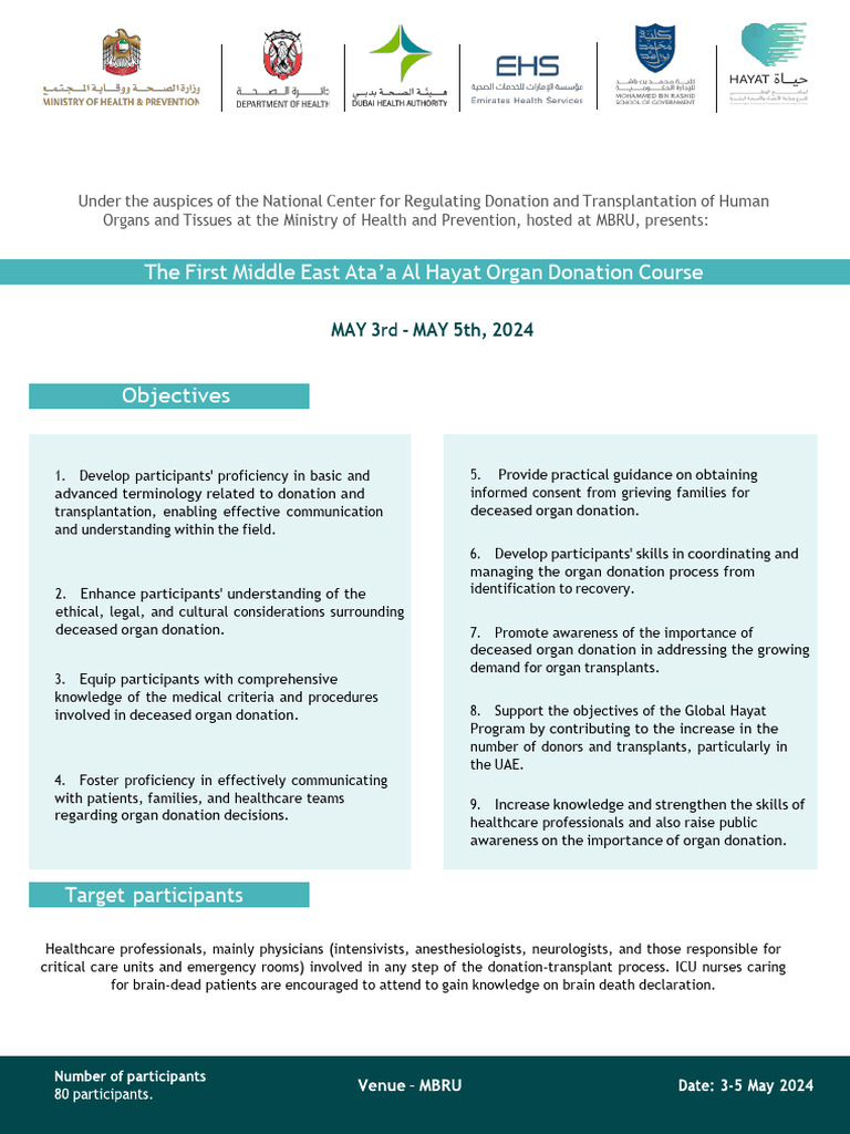 Ata'a Al Hayat Organ Donation Course, May 3-5 - Dubai | PDF | Organ ...