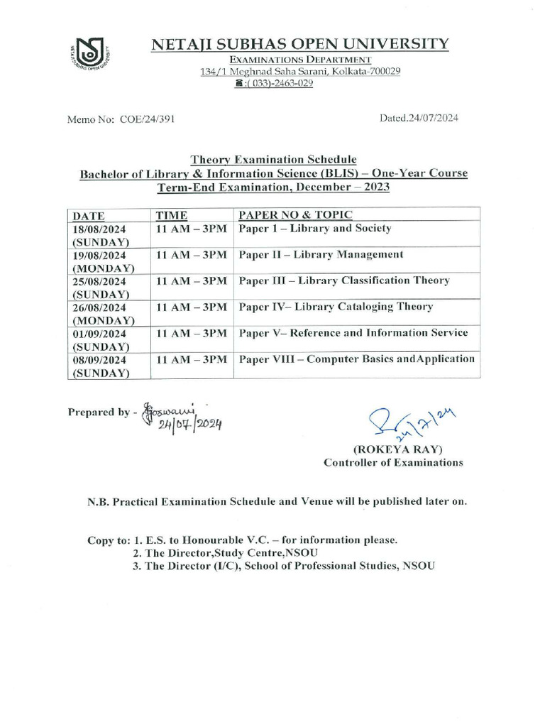 Examination Schedule of BLIS TEE Theory Dec2023 | PDF