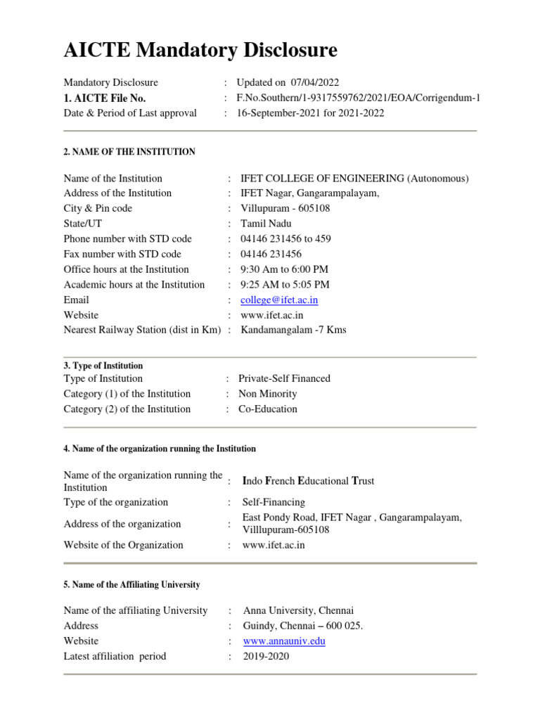Mandatory Disclosure 2022-23 | PDF | Engineering