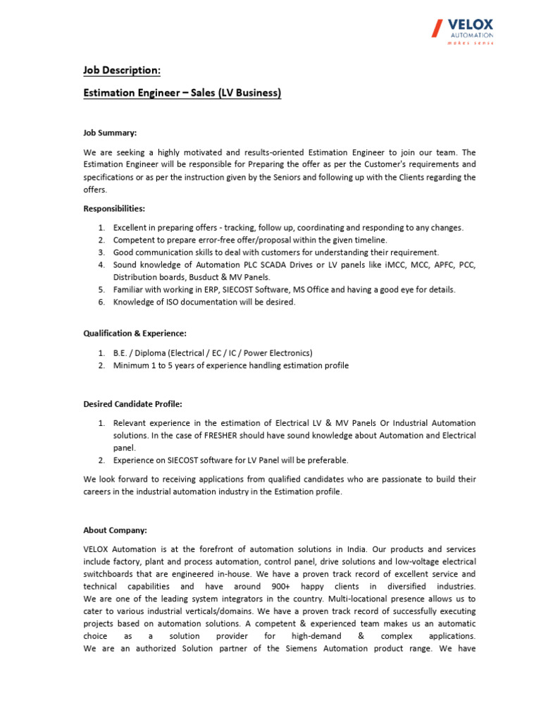 Estimation Engineer | PDF | Automation | Programmable Logic Controller