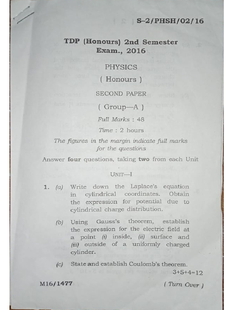 Physics Hons. 2nd Sem 2016 2nd Paper. | PDF