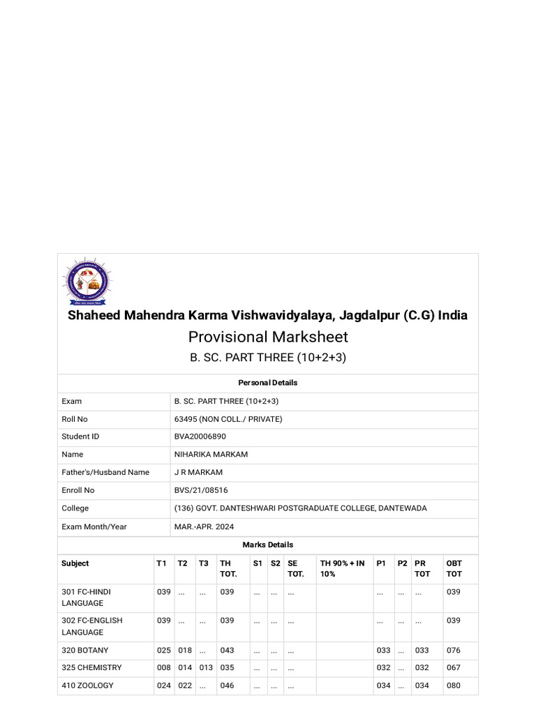 B.Sc. Part 3 Provisional Marksheet 2024 | PDF
