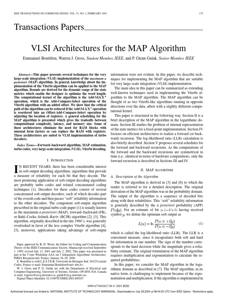 Vlsi Architectures For The Map Algorithm Pdf Mathematics Computer Science 