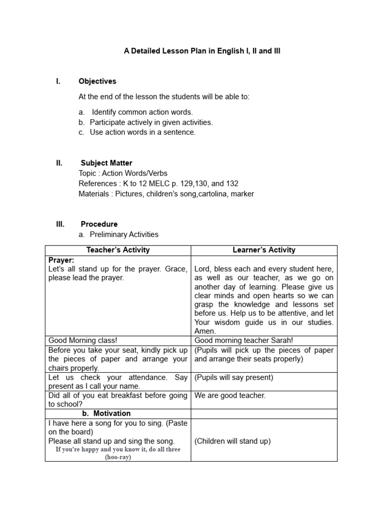 Action Words Lesson Plan for Grades I-III | PDF | Verb