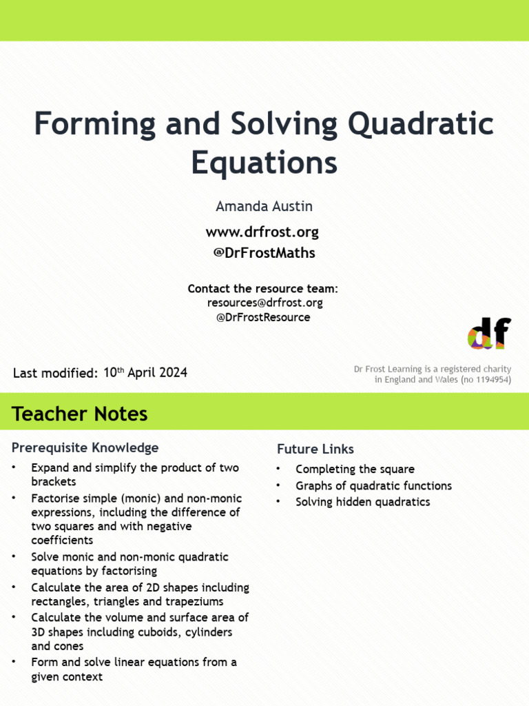 Forming and Solving Quadratic Equations - Lesson | PDF | Area | Equations