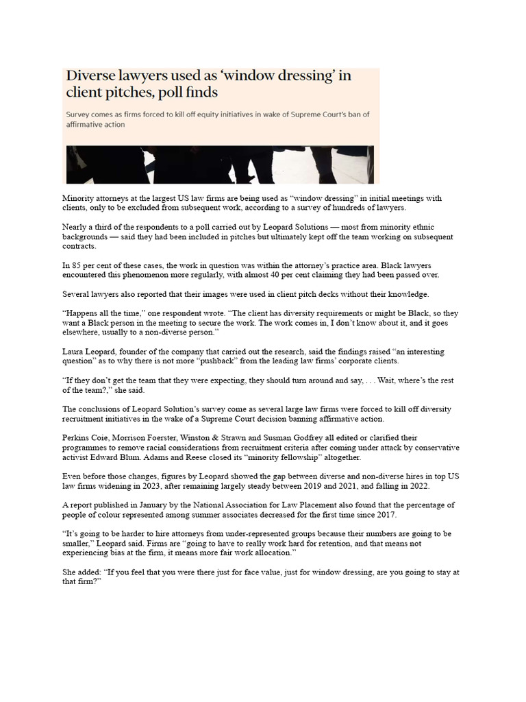 Diverse Lawyers Used As Window Dressing FINANCIAL TIMES | PDF | Law ...