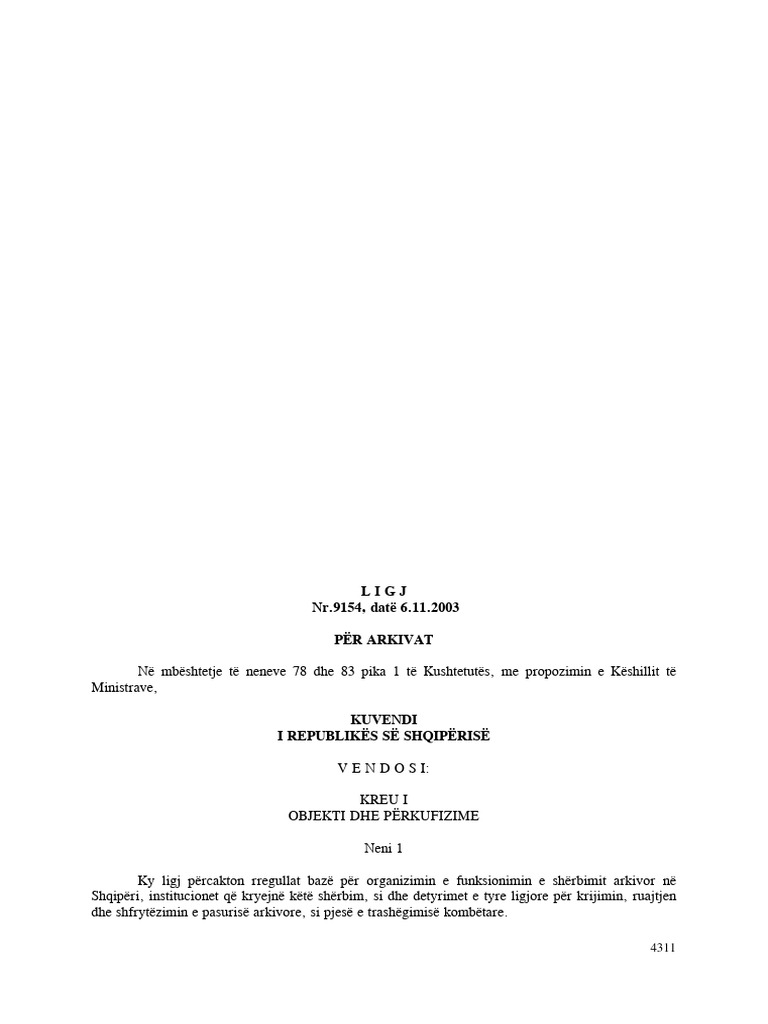 Ligj Nr.9154 Datë 6.11.2003 Per Arkivat | PDF