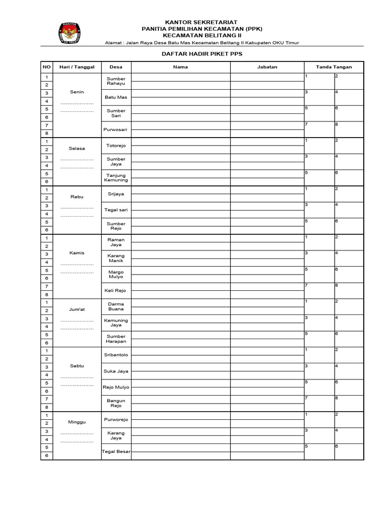 Daftar Hadir Piket PPK Belitang II | PDF
