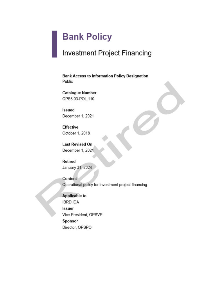 Investment Project Financing Policy | PDF | International Development ...