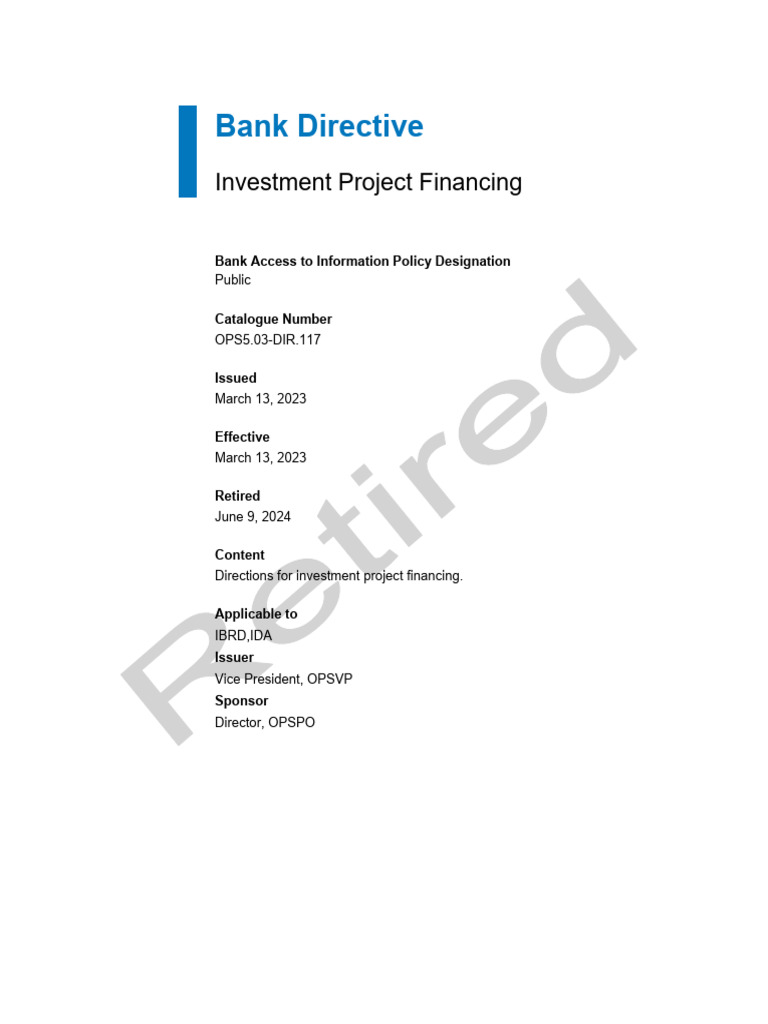 World Bank - Project Financing - Bank Directive | PDF | International ...
