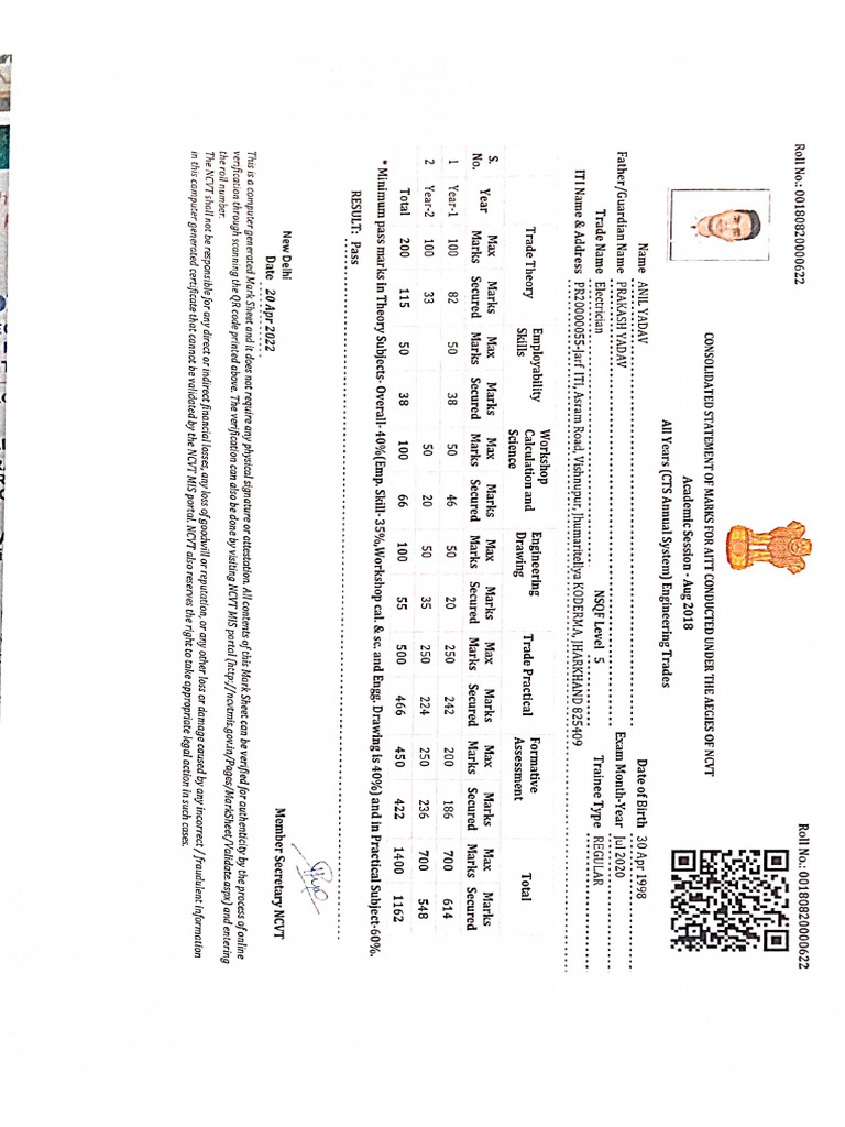 Anil ITI Final Certificate | PDF