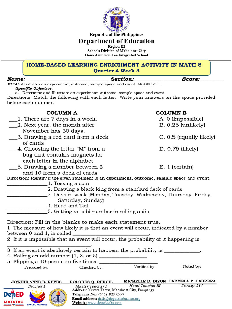 Grade 8 - Enrichment Q4 W3 | PDF | Probability | Probability Theory
