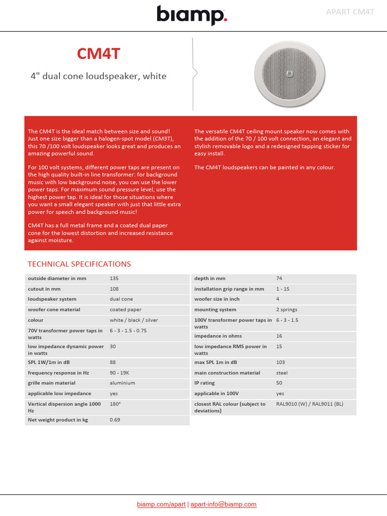 Biamp Data Sheet cm4t Aug20 2602 | PDF | Loudspeaker | Electrical Engineering
