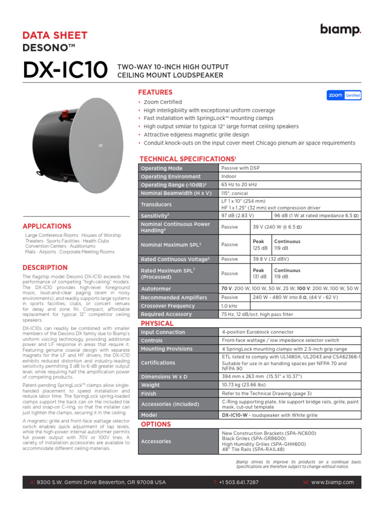 Biamp Data Sheet Desono Dx-Ic10 Sep23 1910 | PDF | Loudspeaker | Amplifier