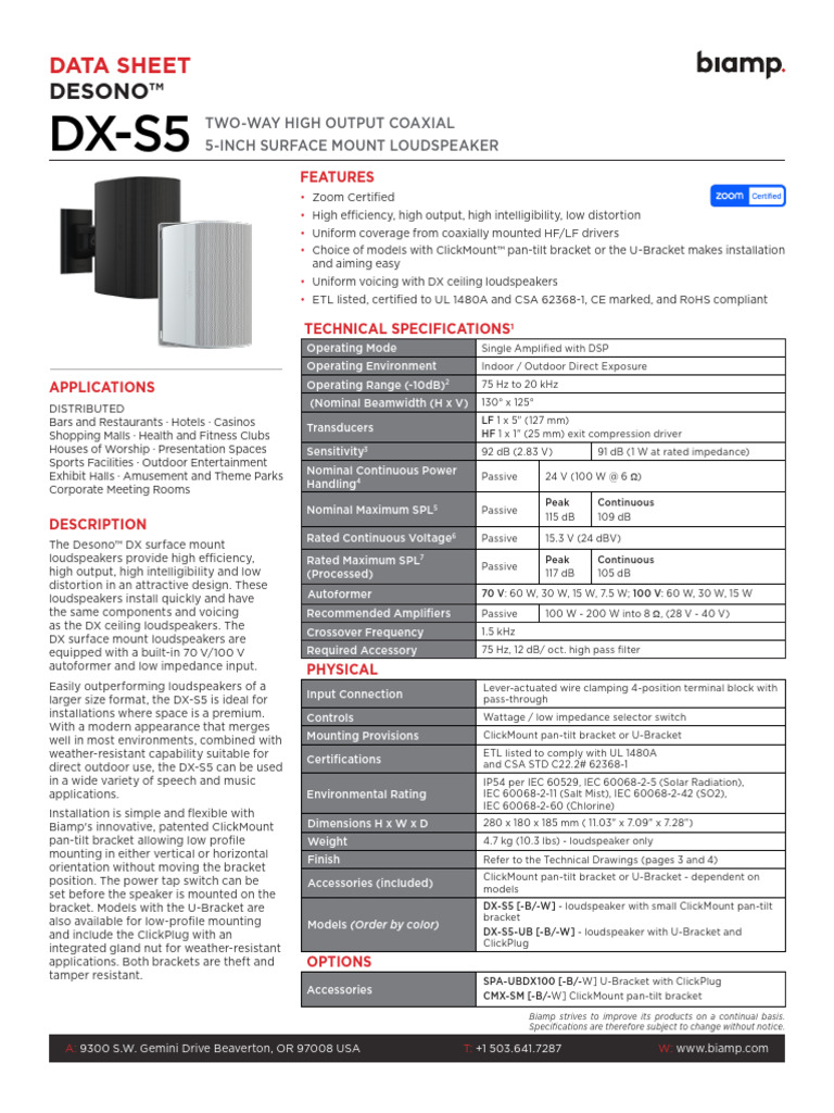 Biamp Data Sheet Desono-Dx-S5 Nov23 9867 | PDF | Loudspeaker | Signal Processing