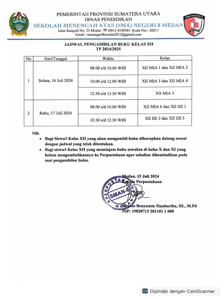 Jadwal Pengambilan Buku Kelas XII TP 2024.2025 | PDF