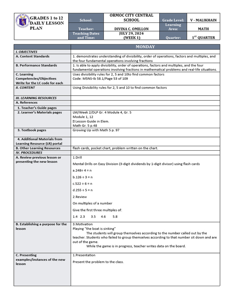 DLL - Math 5 - Q1 - W1-D1 | PDF | Learning | Mathematics