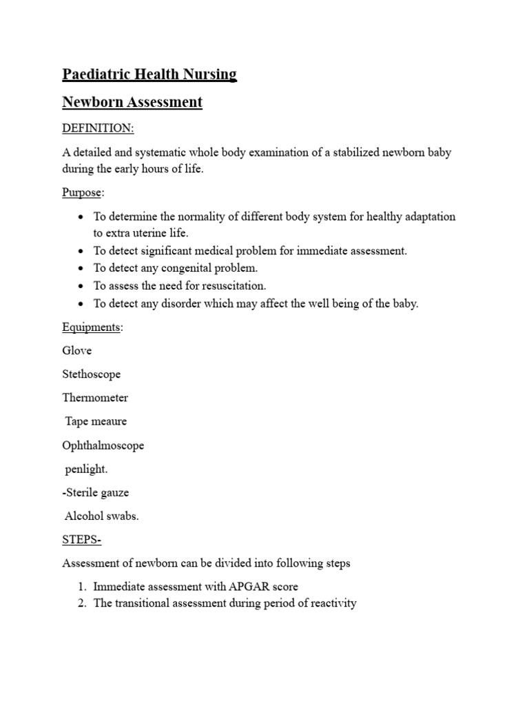 Paediatric Health Nursing Newborn Assessment | PDF | Wellness | Science ...