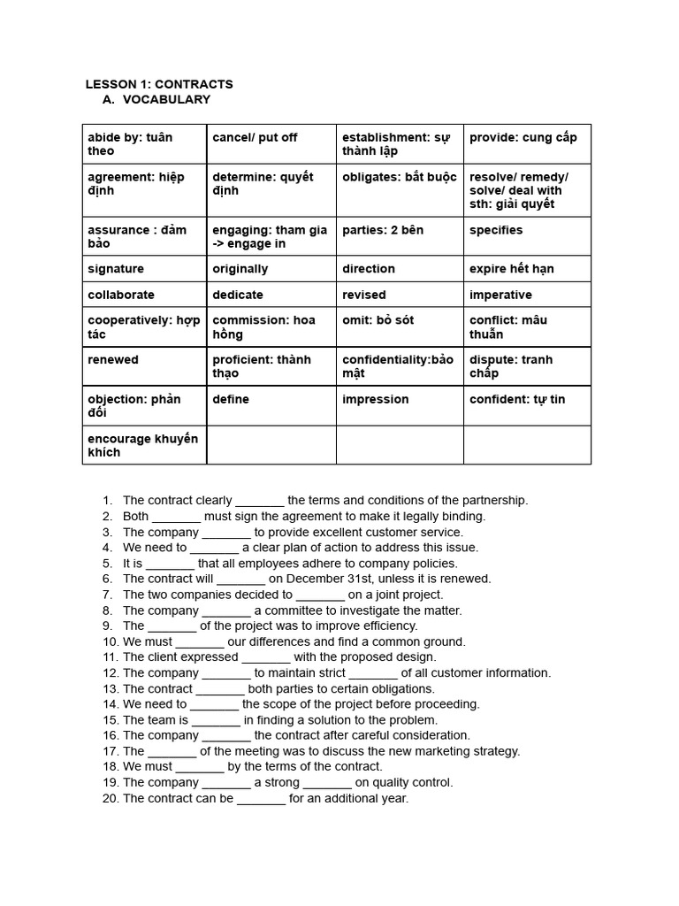 Lesson 1 - Contract | PDF | Verb | Adjective