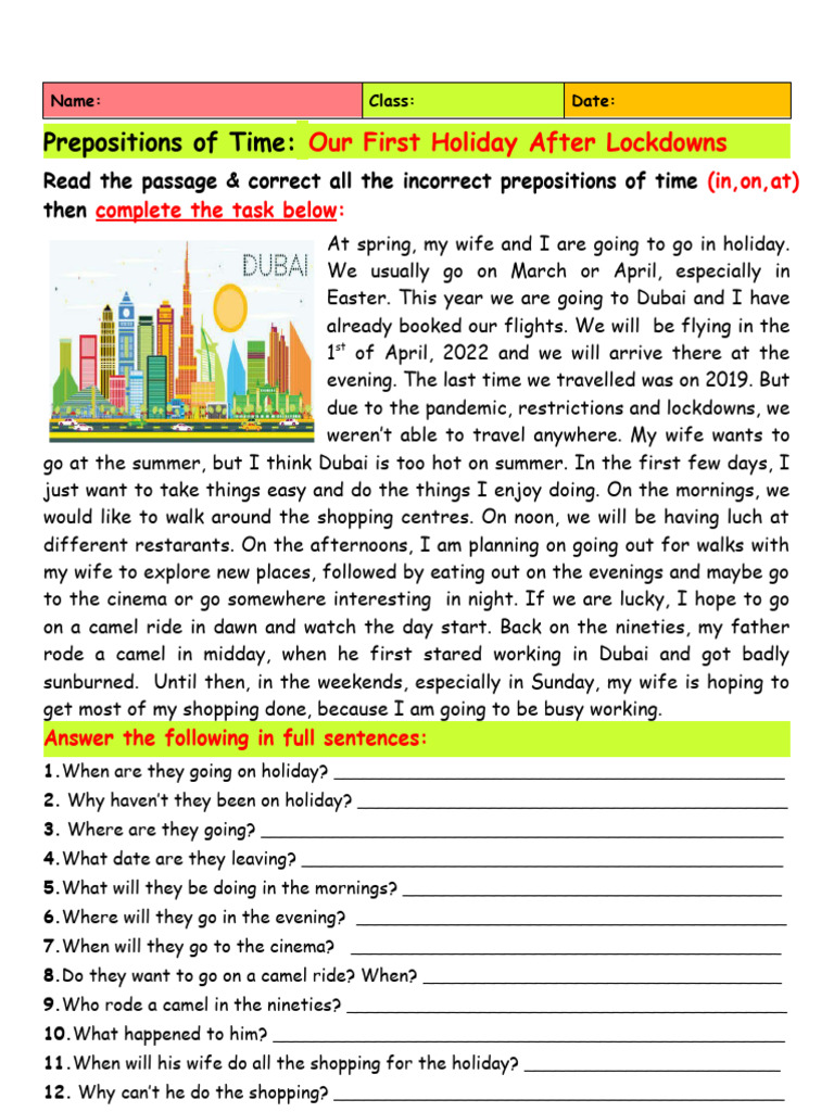 Prepositions of Time Our First Holiday After Lockd Grammar Drills ...