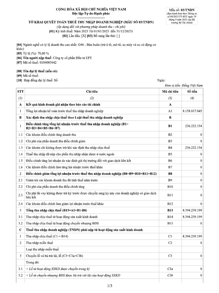TK 03 - Quyet Toan Thue TNDN 2023 - TT80 | PDF