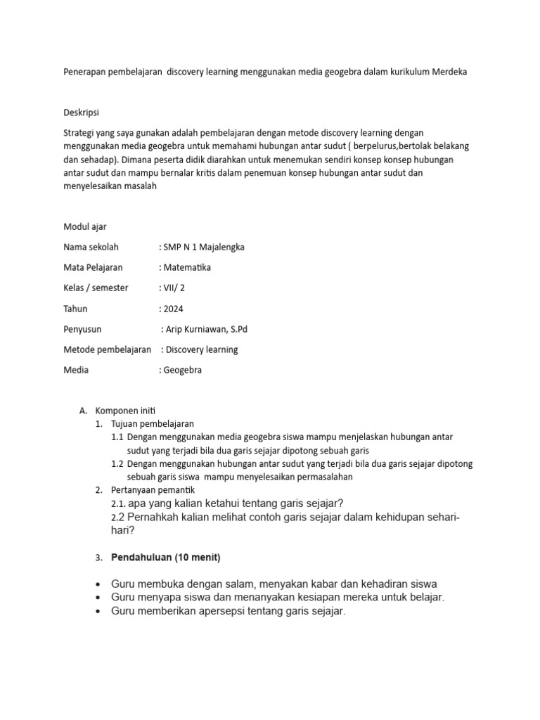 Penerapan Pembelajaran Discovery Learning Menggunakan Media Geogebra Dalam Kurikulum Merdeka | PDF