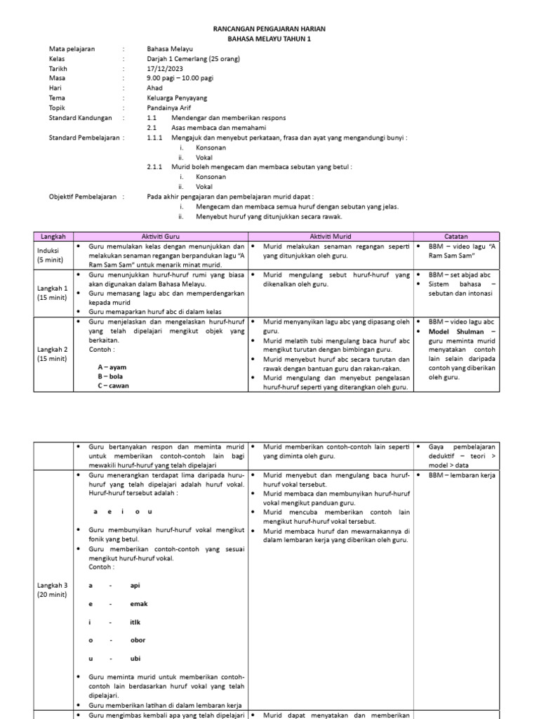 RPH BM Tahun 1 | PDF
