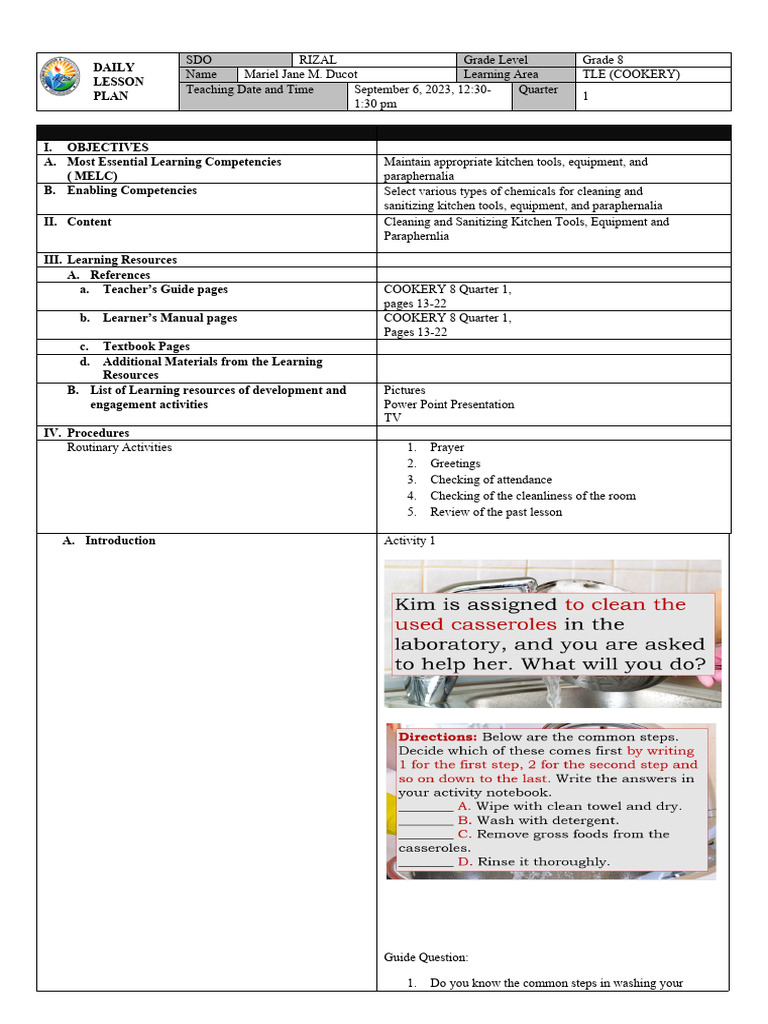 Grade 8 TLE Lesson Plan: Kitchen Cleaning | PDF | Learning | Behavior Modification