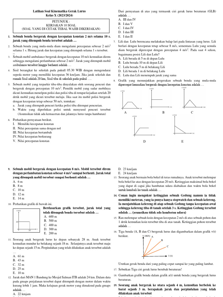 Soal Kinematika Gerak Lurus Kelas X | PDF