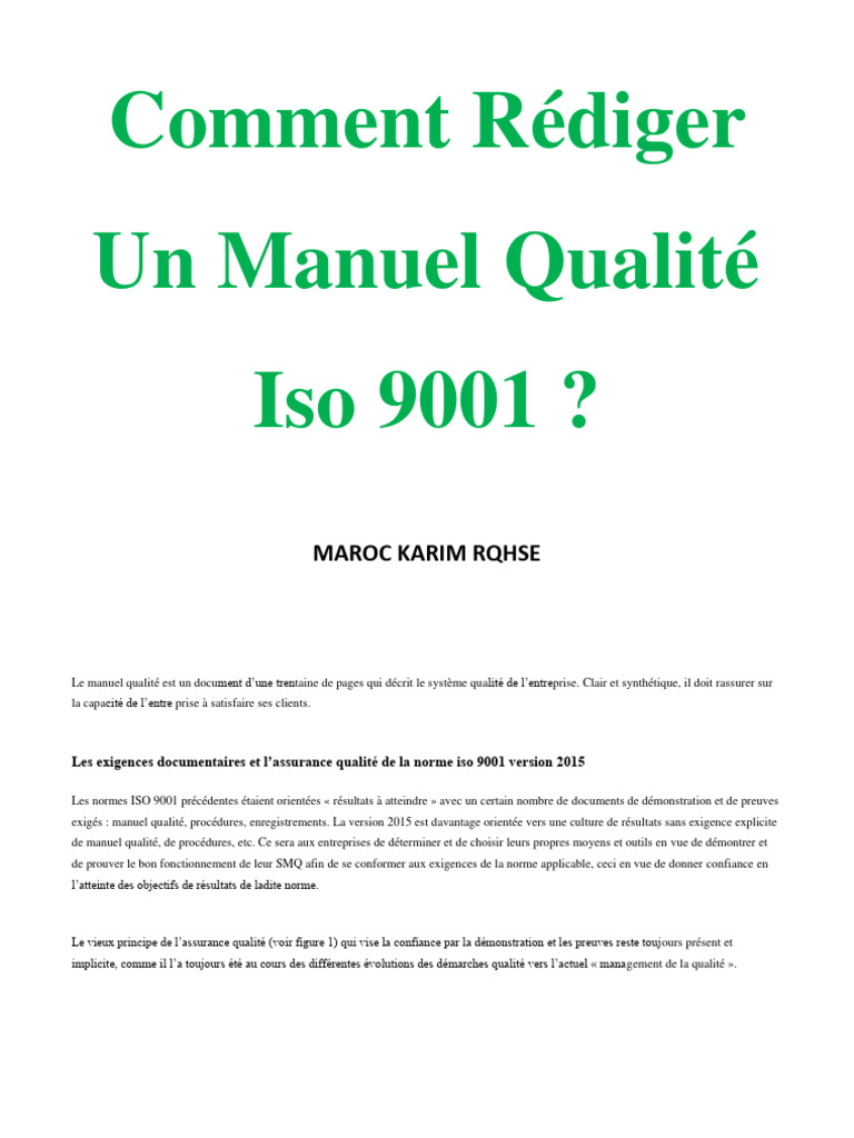 Rédiger un Manuel Qualité ISO 9001 | PDF | Management de la qualité ...