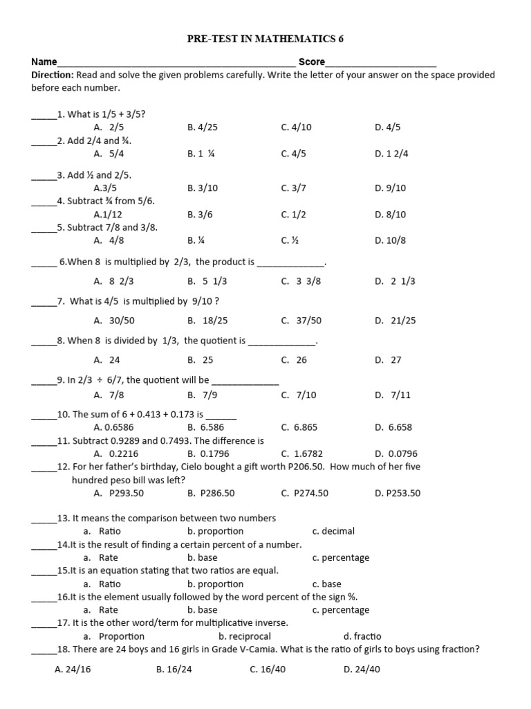 PRE-TEST_MATHEMATICS 6 | PDF | Triangle | Odds
