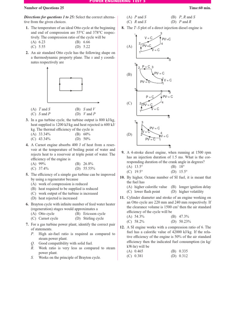 GATE-Power Engineering Practice Test 5 | PDF | Diesel Engine | Engines