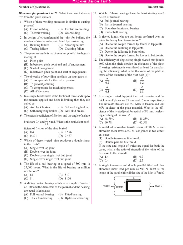 Mechanical Engineering Test Questions | PDF | Bearing (Mechanical) | Gear